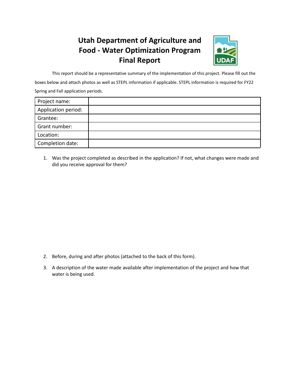 Utah Final Report - Water Optimization Program - Fill Out, Sign Online and Download PDF ...