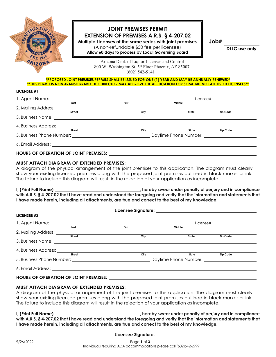 Arizona Joint Premises Permit - Extension of Premises Download Fillable ...