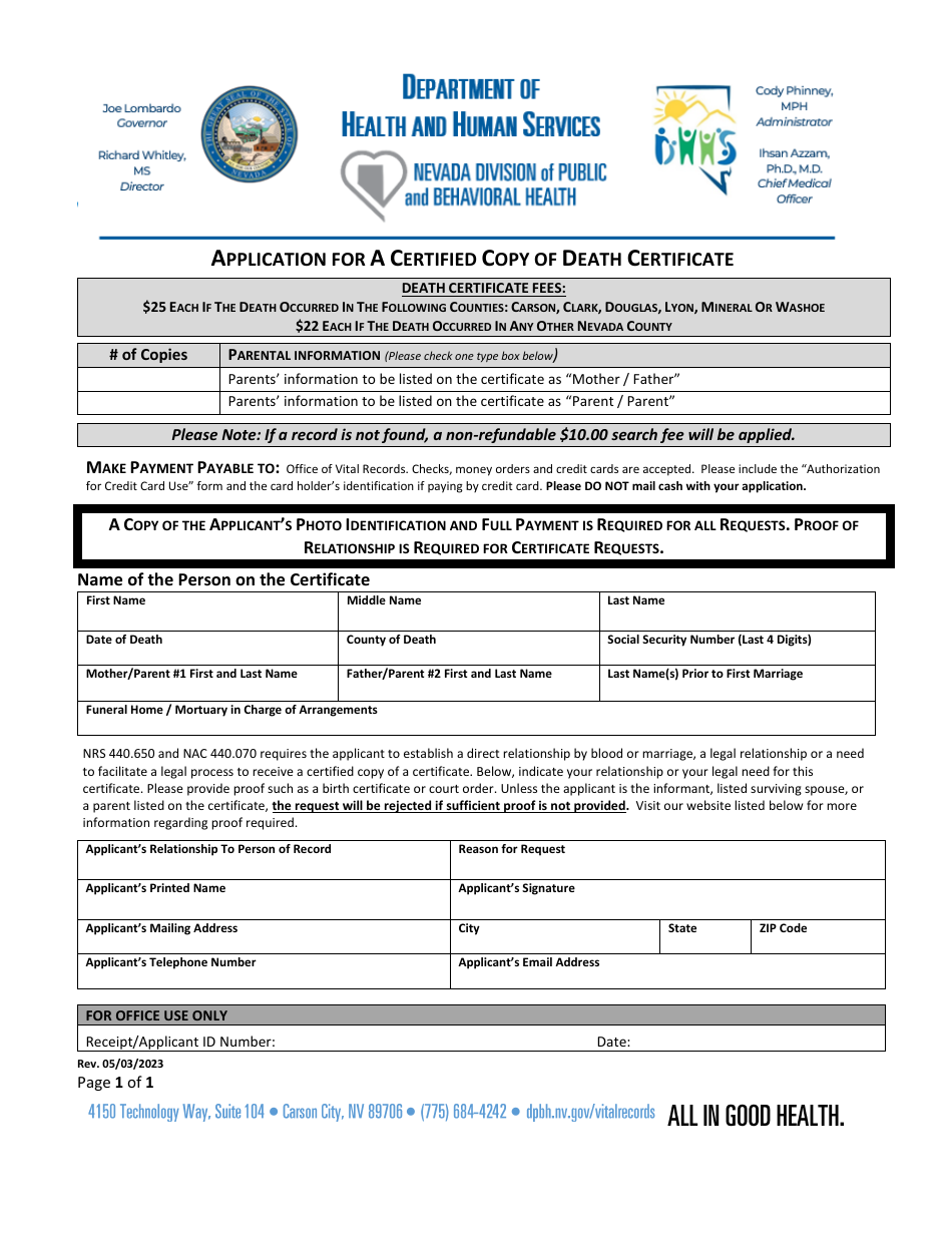 Nevada Application for a Certified Copy of Death Certificate Download Fillable PDF | Templateroller