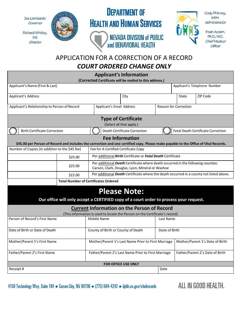 Nevada Application for a Correction of a Record - Court Ordered Change ...