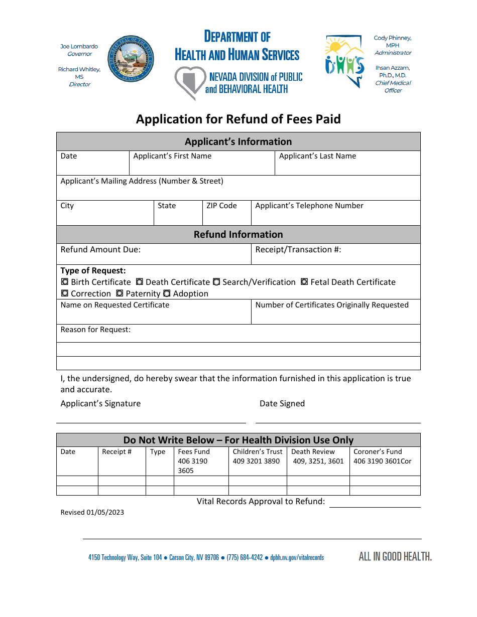Nevada Application for Refund of Fees Paid Download Fillable PDF 2022 ...
