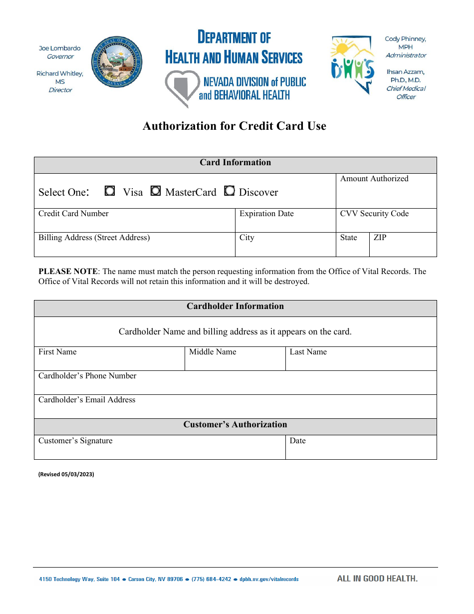 Nevada Authorization for Credit Card Use Download Fillable PDF 2020 ...