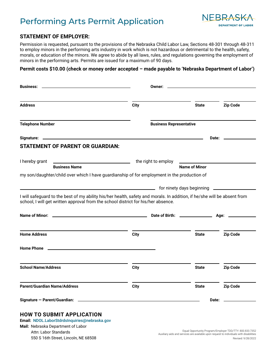 Nebraska Performing Arts Permit Application Download Fillable PDF ...