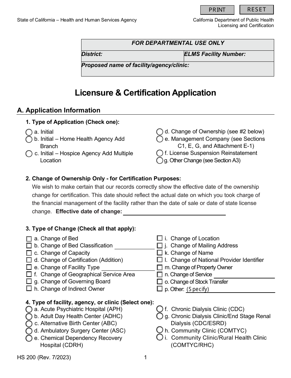 Form HS200 Download Fillable PDF or Fill Online Licensure ...
