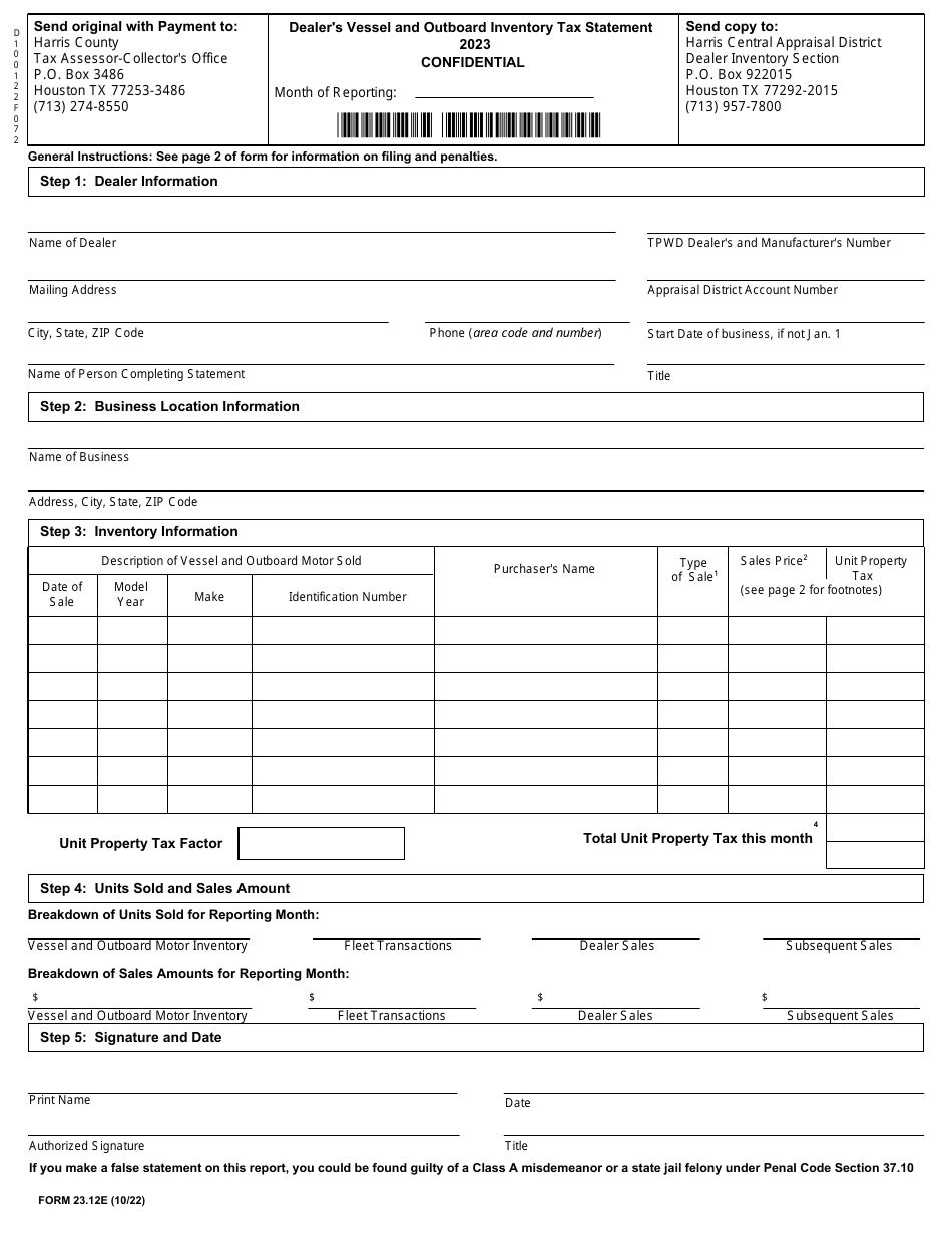 Form 23.12E Download Fillable PDF or Fill Online Dealer's Vessel and ...