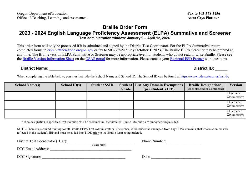 2024 Oregon Braille Order Form - English Language Proficiency ...