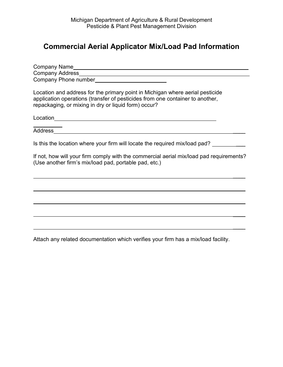 Michigan Commercial Aerial Applicator Mix/Load Pad Information - Fill ...