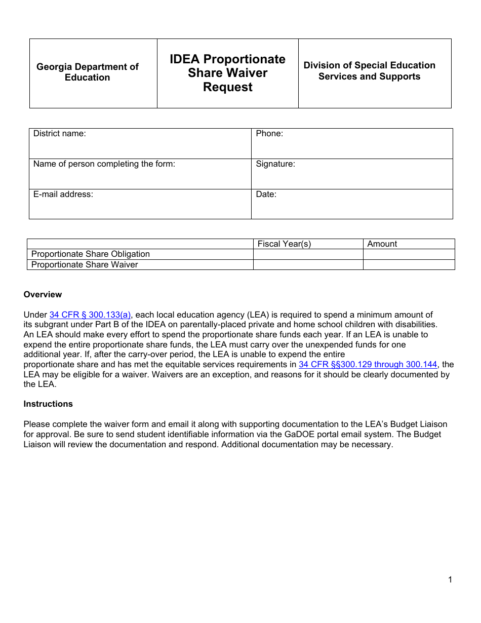 Georgia (United States) Idea Proportionate Share Waiver Request - Fill ...