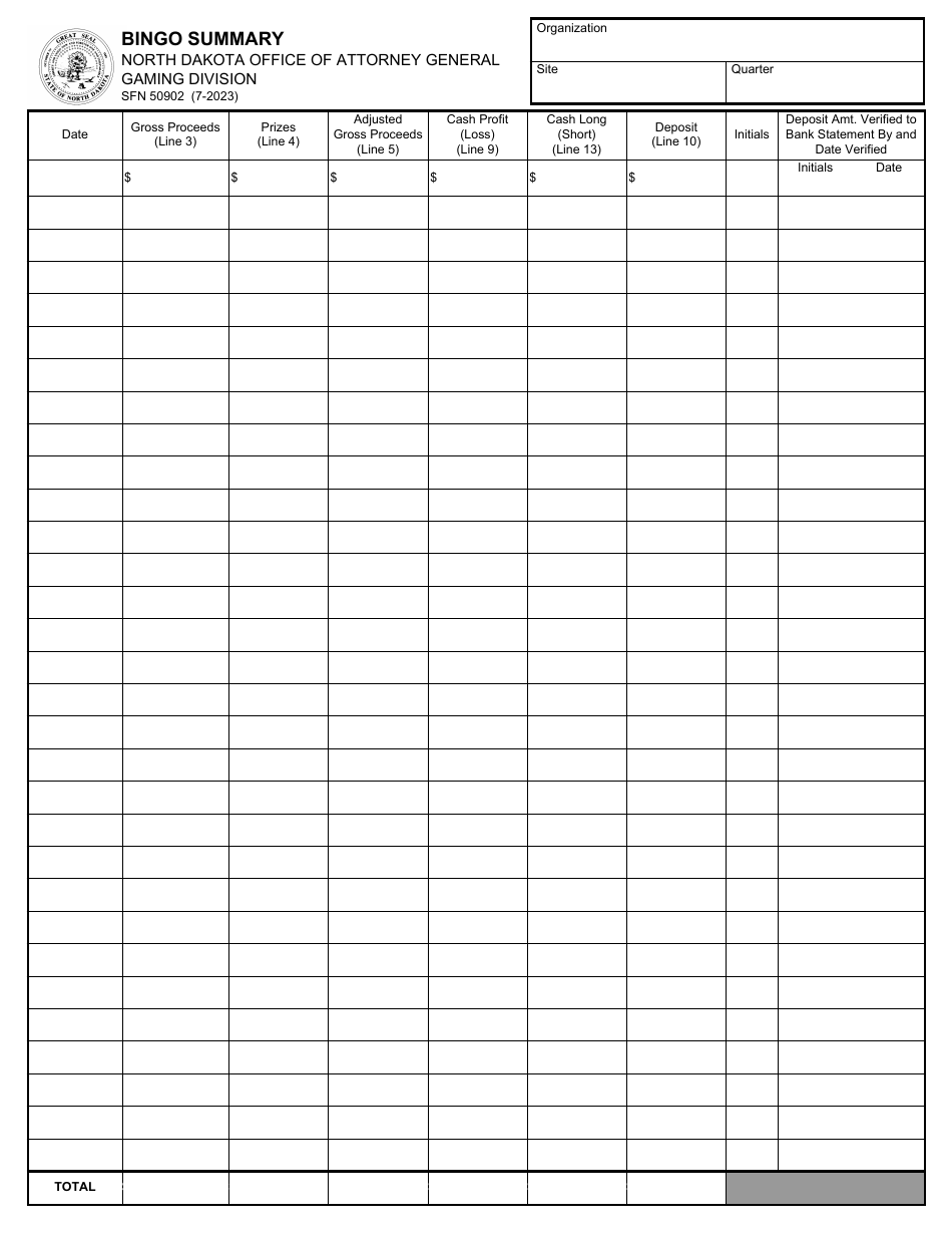 Form SFN50902 Download Fillable PDF or Fill Online Bingo Summary, North ...