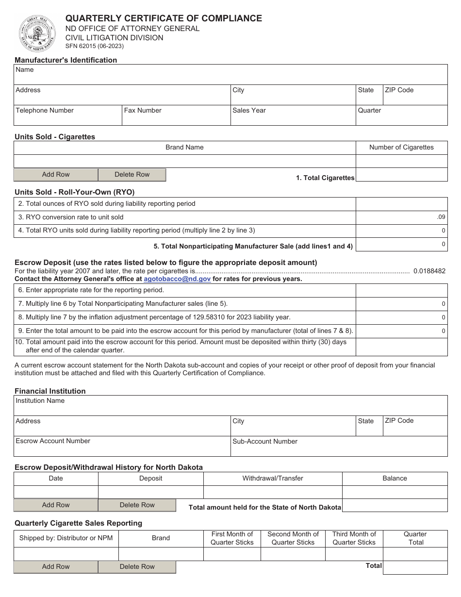 Form SFN62015 Download Fillable PDF or Fill Online Quarterly ...