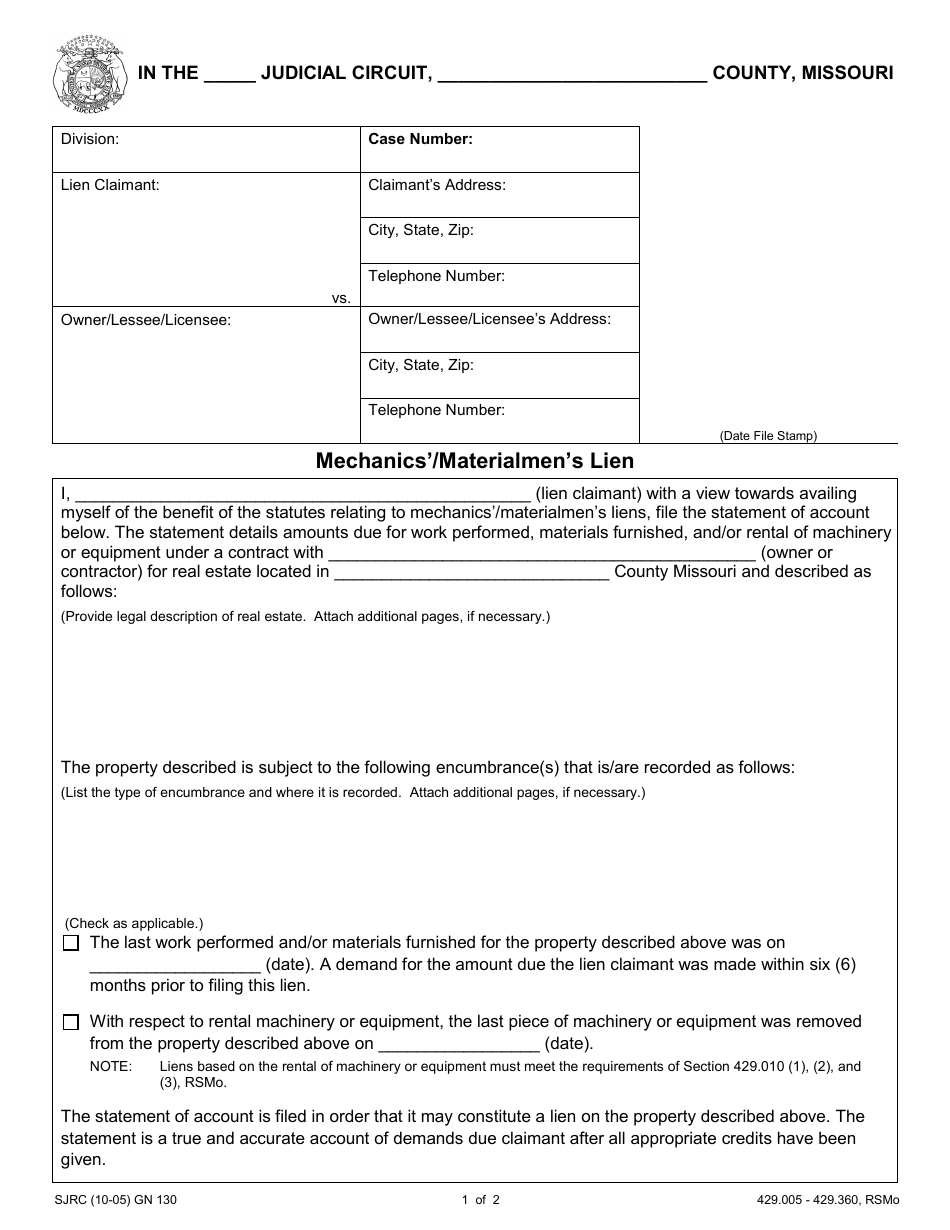 Form GN130 - Fill Out, Sign Online and Download Fillable PDF, Missouri ...