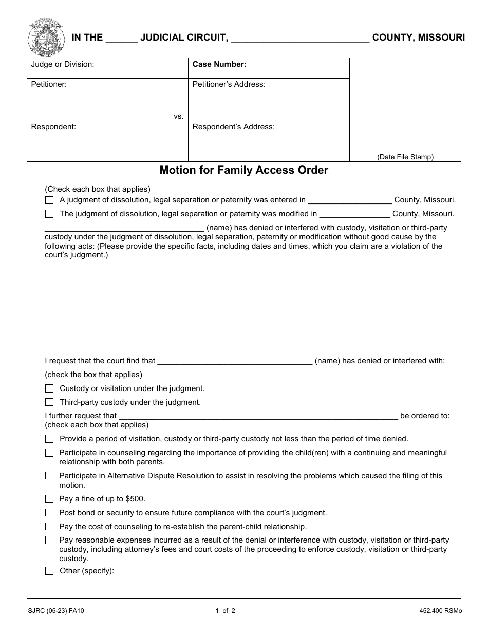 Form FA10 Download Fillable PDF or Fill Online Motion for Family Access ...