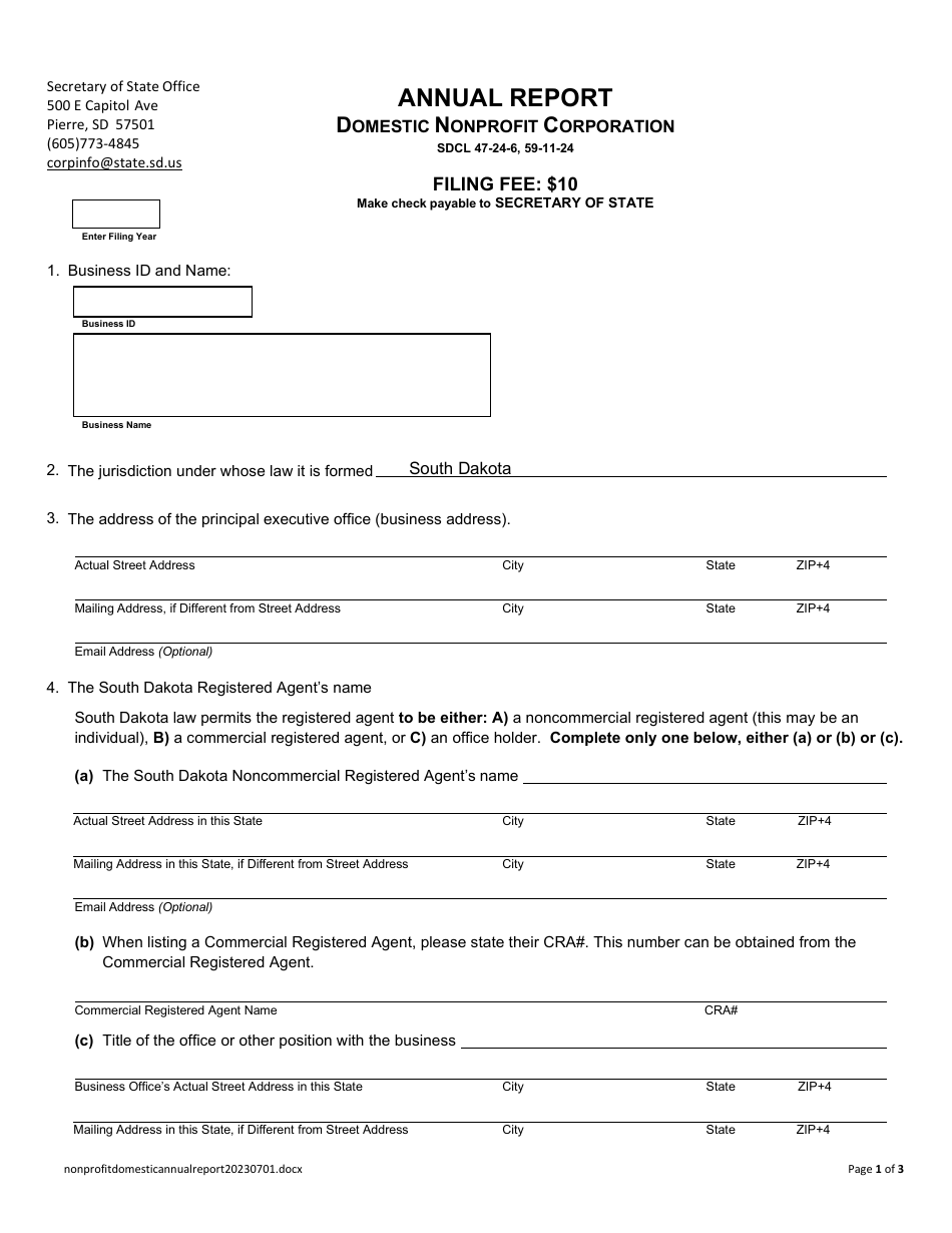 South Dakota Annual Report - Domestic Nonprofit Corporation Download ...