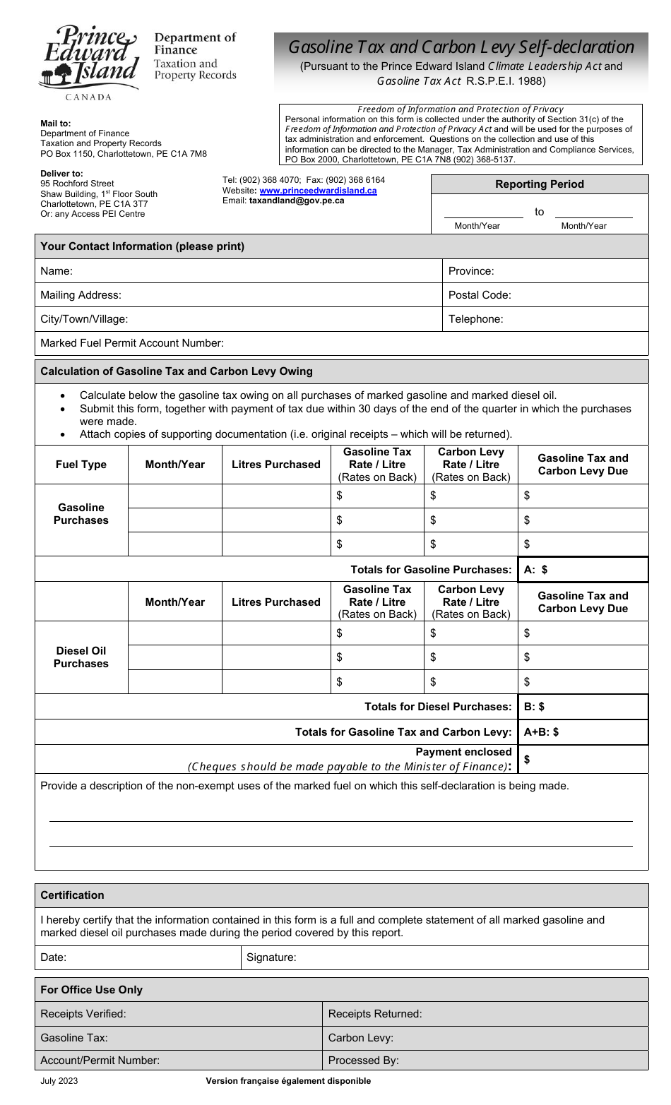 Prince Edward Island Canada Gasoline Tax and Carbon Levy Self ...