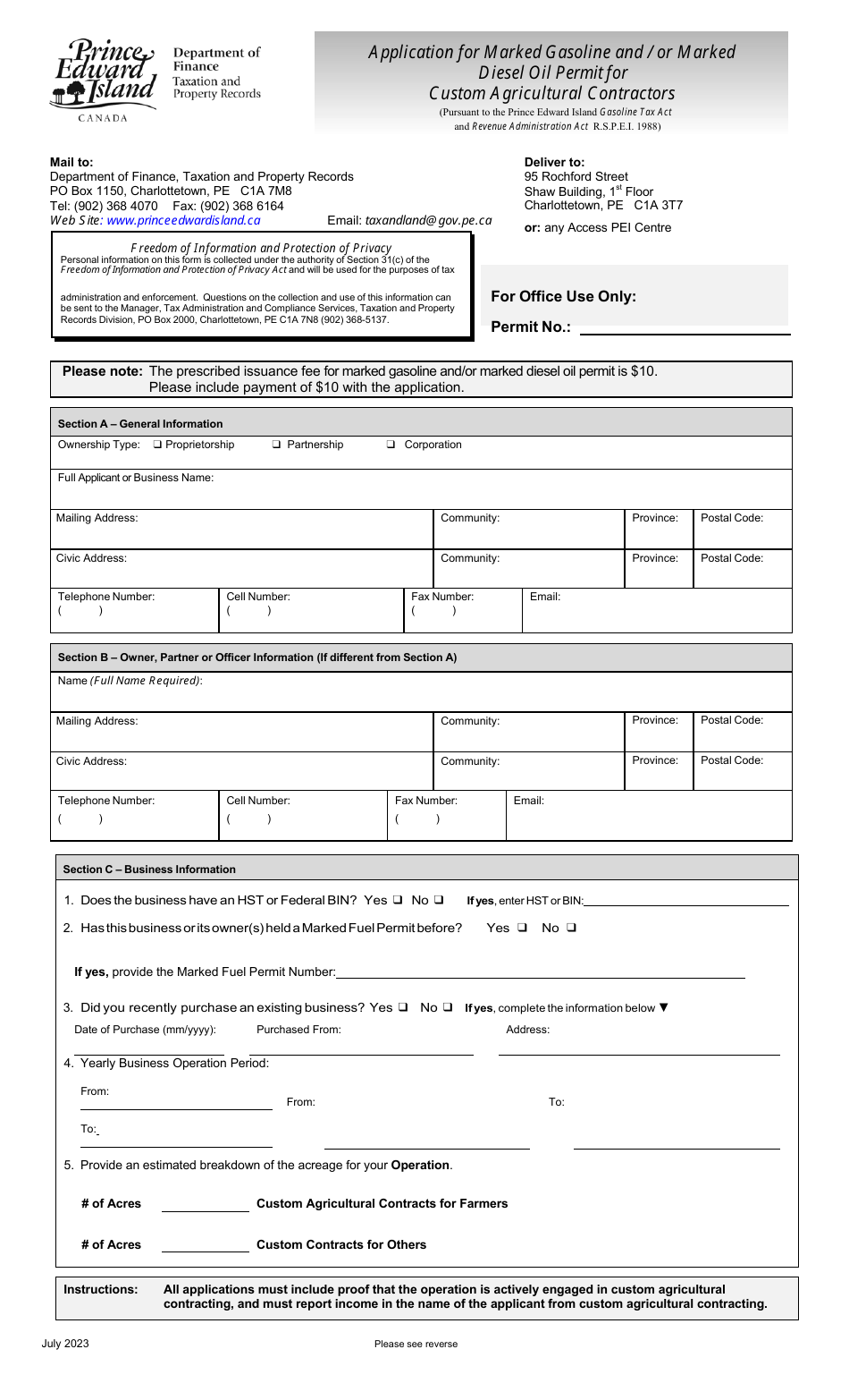 Prince Edward Island Canada Application for Marked Gasoline and/or ...