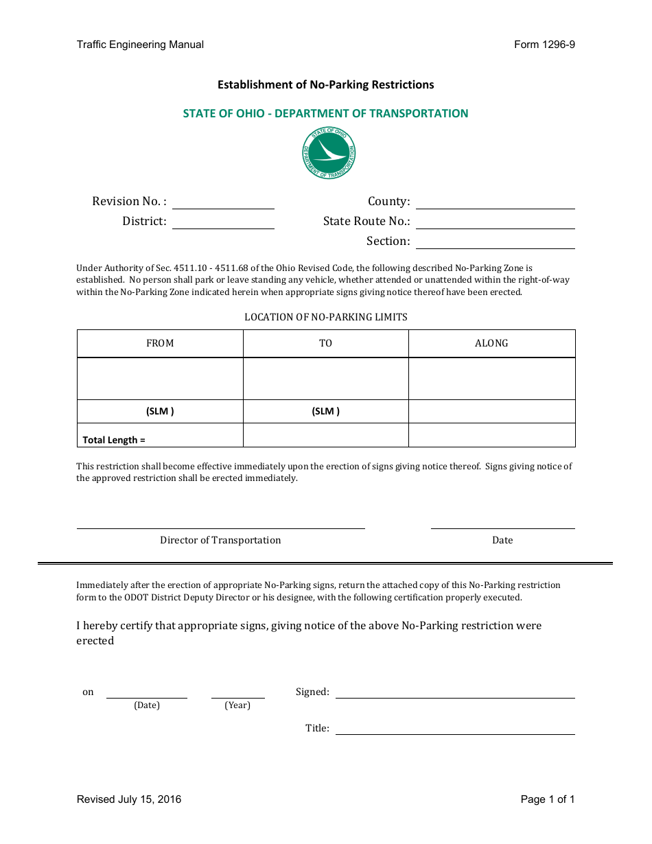 Form 1296-9 Download Printable PDF or Fill Online Establishment of No ...