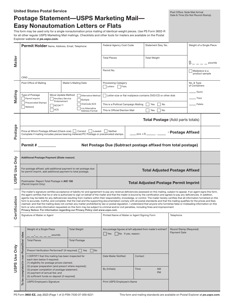 PS Form 3602-EZ Download Printable PDF or Fill Online Postage Statement ...