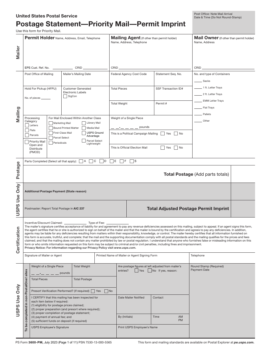 PS Form 3600-PM Download Printable PDF or Fill Online Postage Statement ...