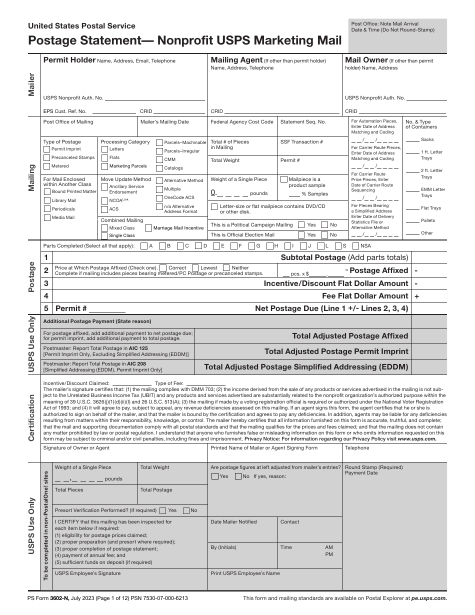 PS Form 3602-N Download Printable PDF or Fill Online Postage Statement ...