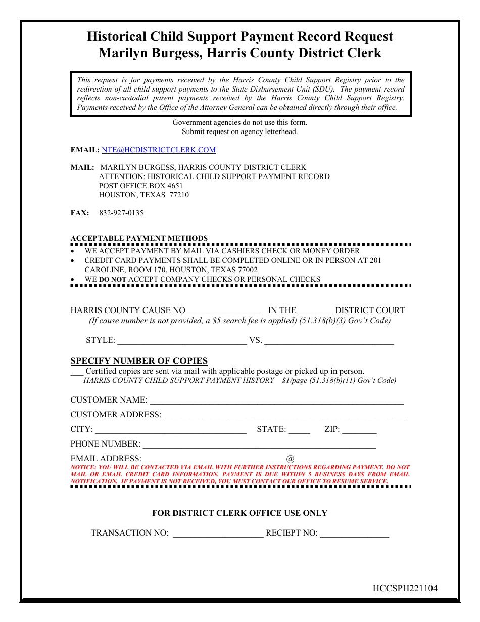 Harris County, Texas Historical Child Support Payment Record Request ...