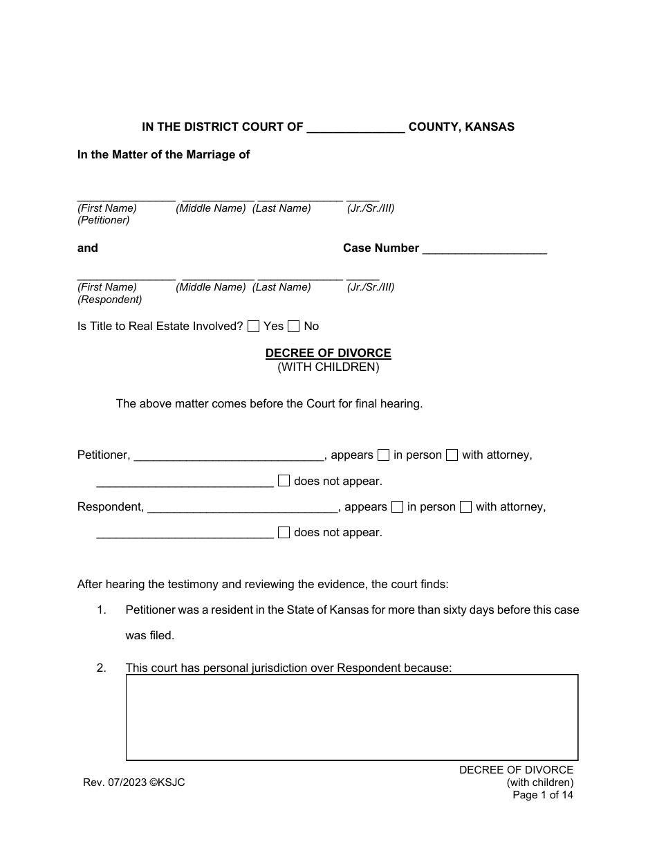 Kansas Decree of Divorce (With Children) Download Fillable PDF ...