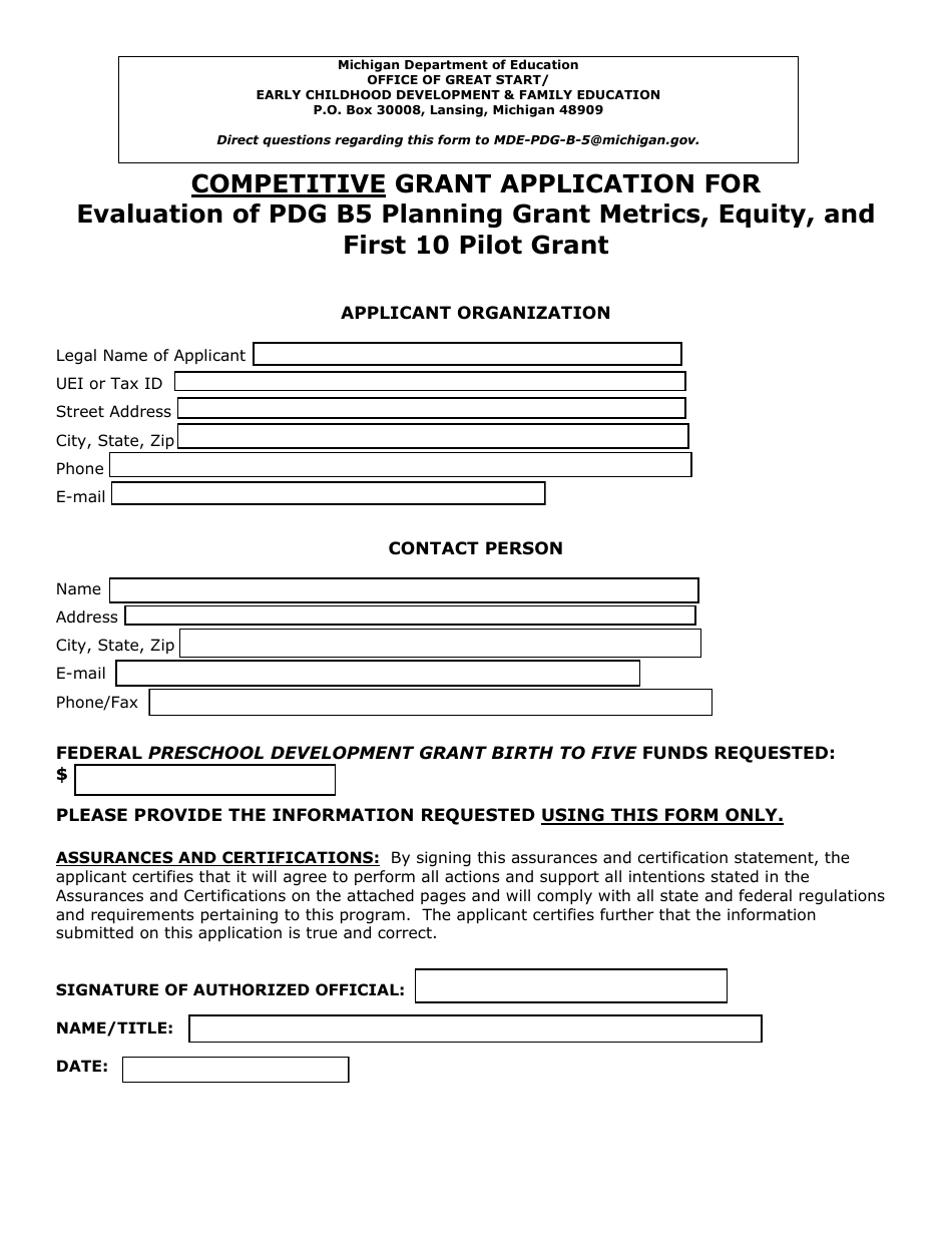 Michigan Competitive Grant Application for Evaluation of Pdg B5 Planning Grant Metrics, Equity ...