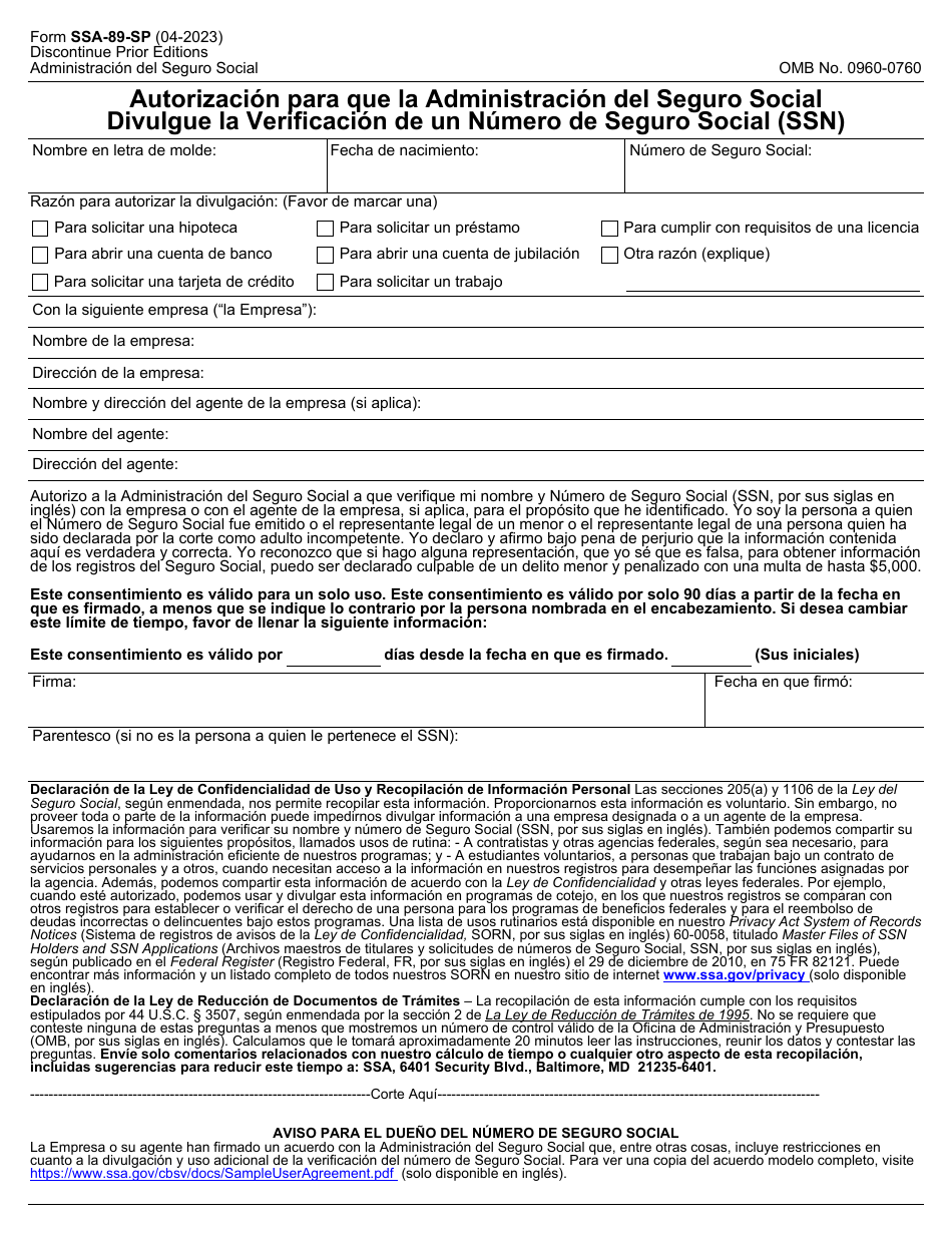 Formulario SSA-89-SP Download Printable PDF or Fill Online Autorizacion ...