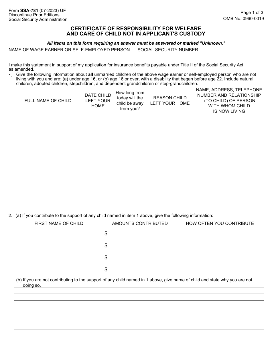 Form SSA-781 Download Fillable PDF or Fill Online Certificate of ...