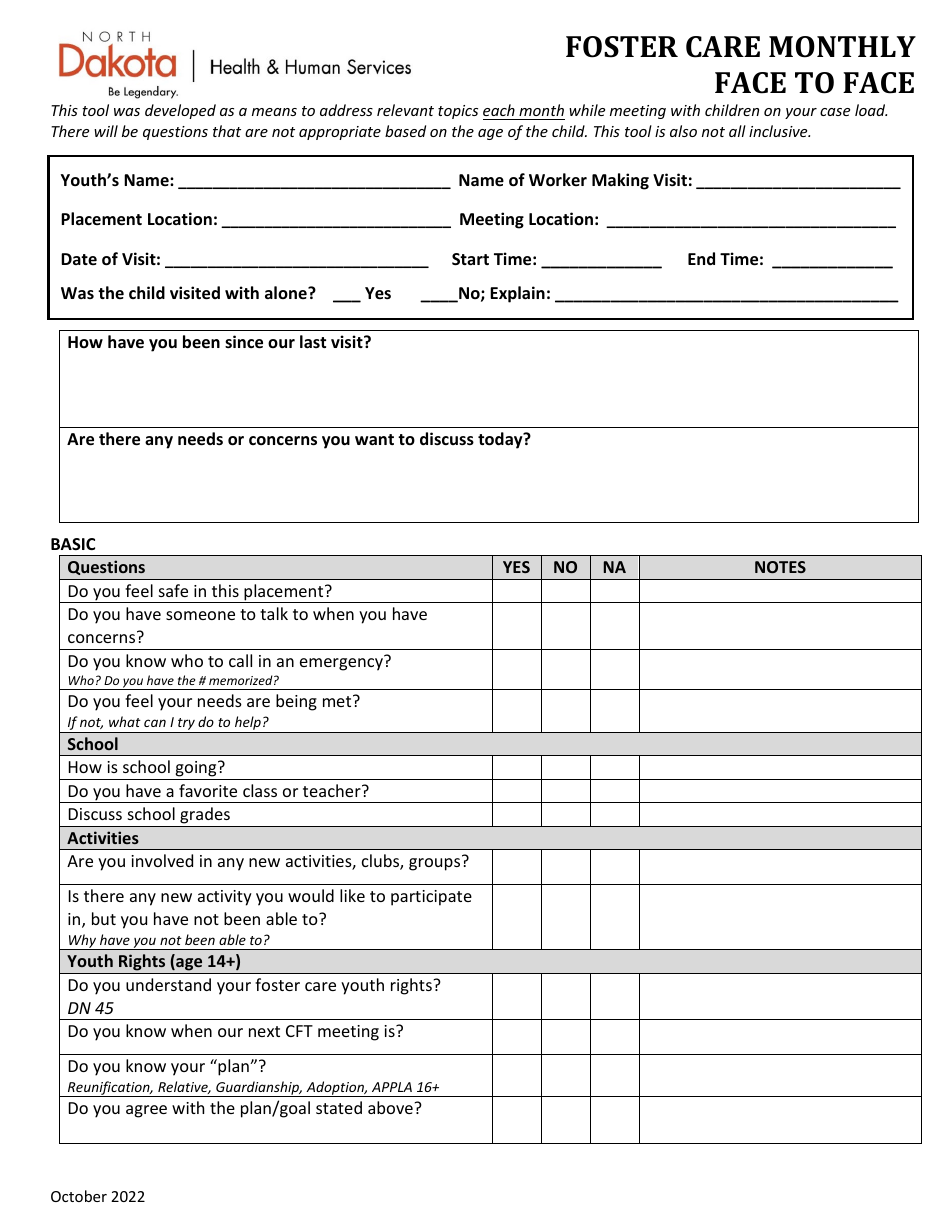 North Dakota Foster Care Monthly Face to Face - Fill Out, Sign Online ...