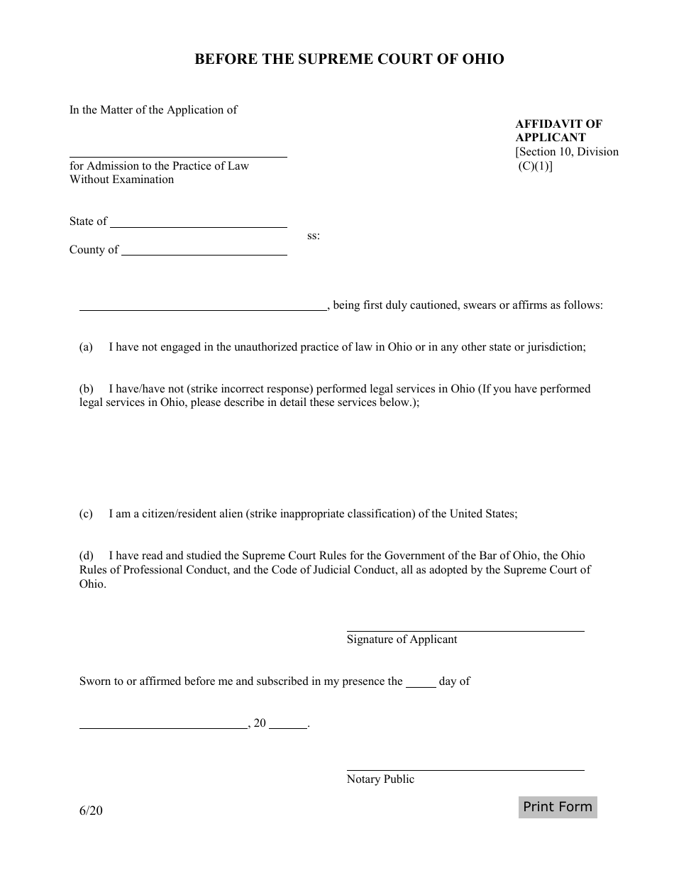 Ohio Affidavit of Applicant - Application for Admission to the Practice ...