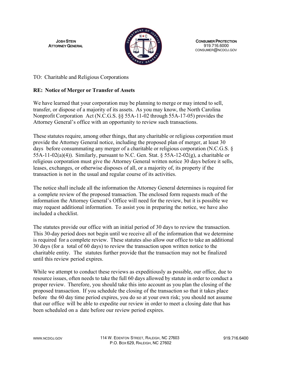 North Carolina Notice of Merger or Transfer of Assets by a Charitable ...