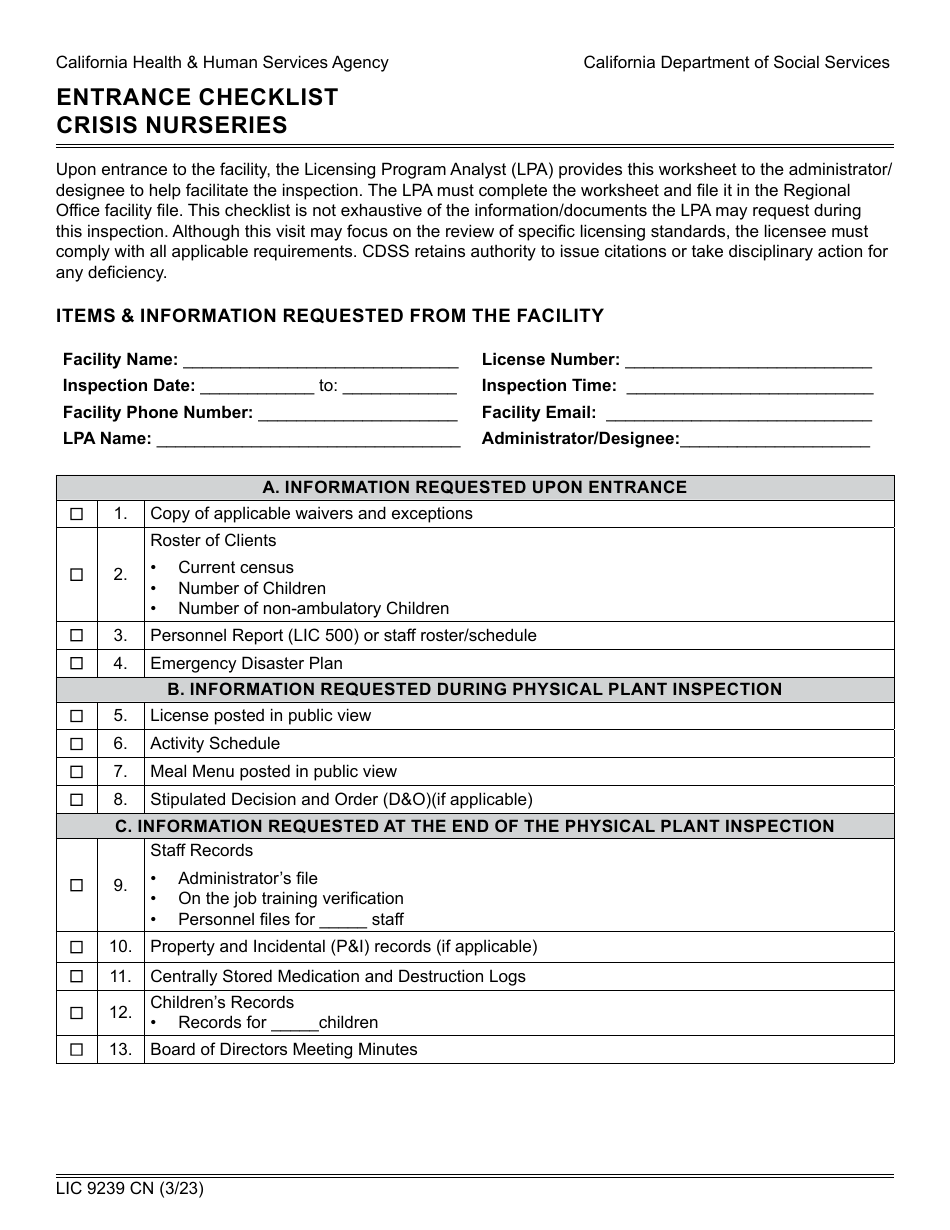 Form LIC9239 CN Download Fillable PDF or Fill Online Entrance Checklist ...