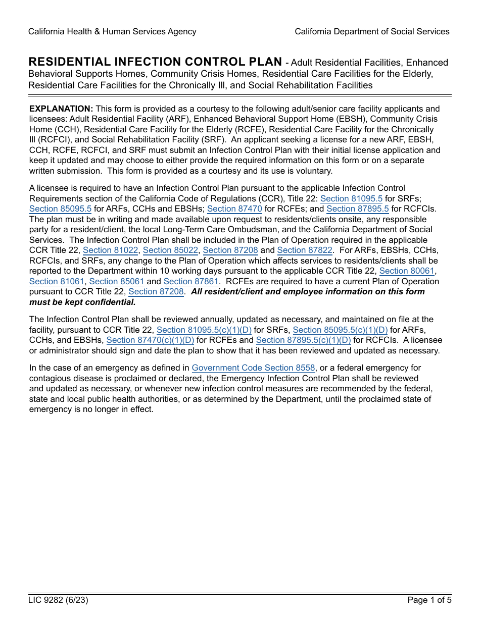 Form LIC9282 Download Fillable PDF or Fill Online Residential Infection ...
