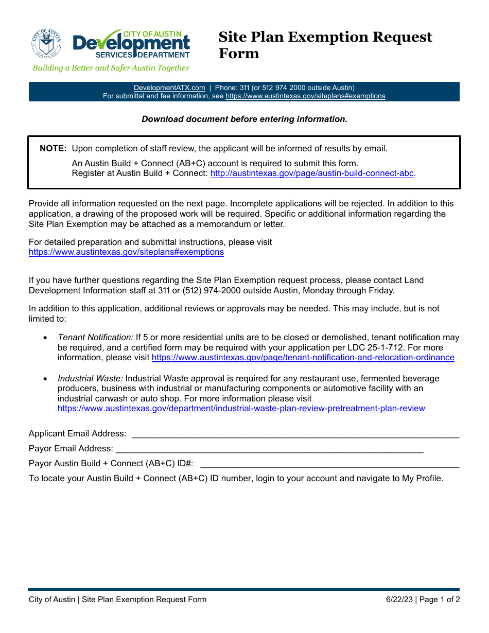 City of Austin, Texas Site Plan Exemption Request Form Download ...