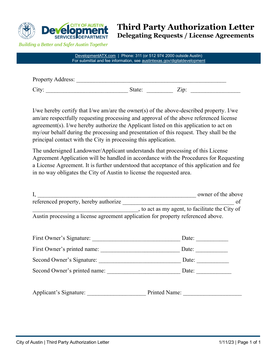 City of Austin, Texas Third Party Authorization Letter - Delegating ...