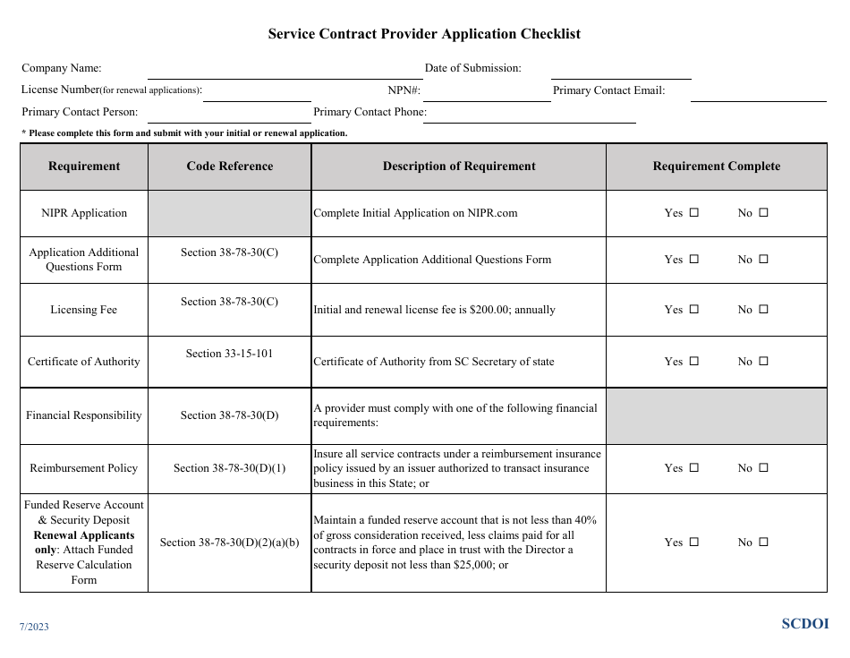 South Carolina Service Contract Provider Application Checklist - Fill ...