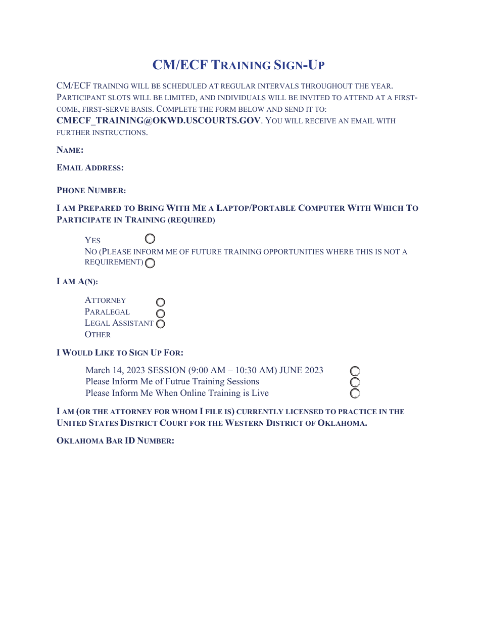 Oklahoma Cm/Ecf Training Sign-Up - Fill Out, Sign Online and Download ...