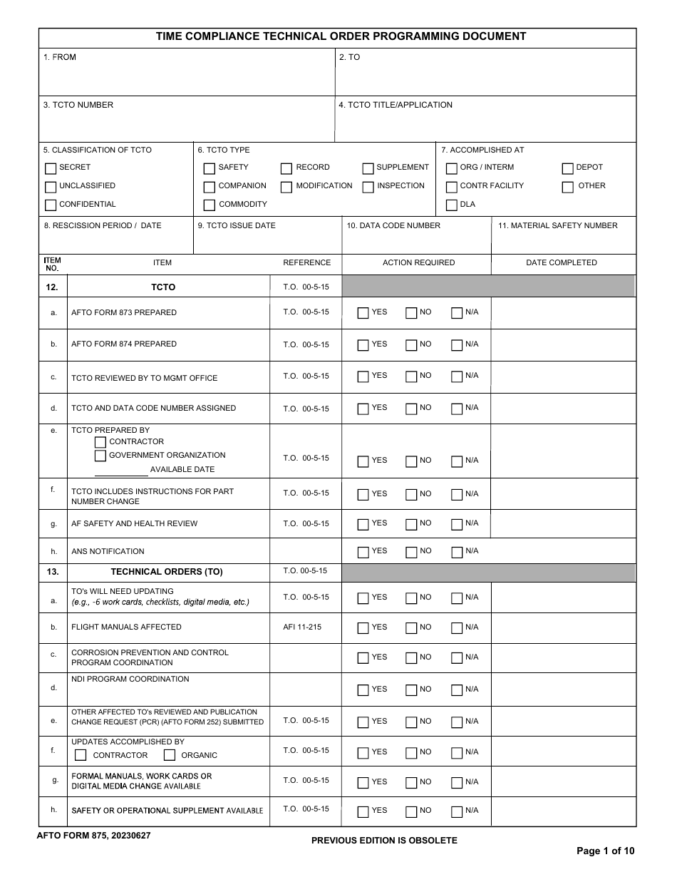 AFTO Form 875 Download Fillable PDF or Fill Online Time Compliance ...