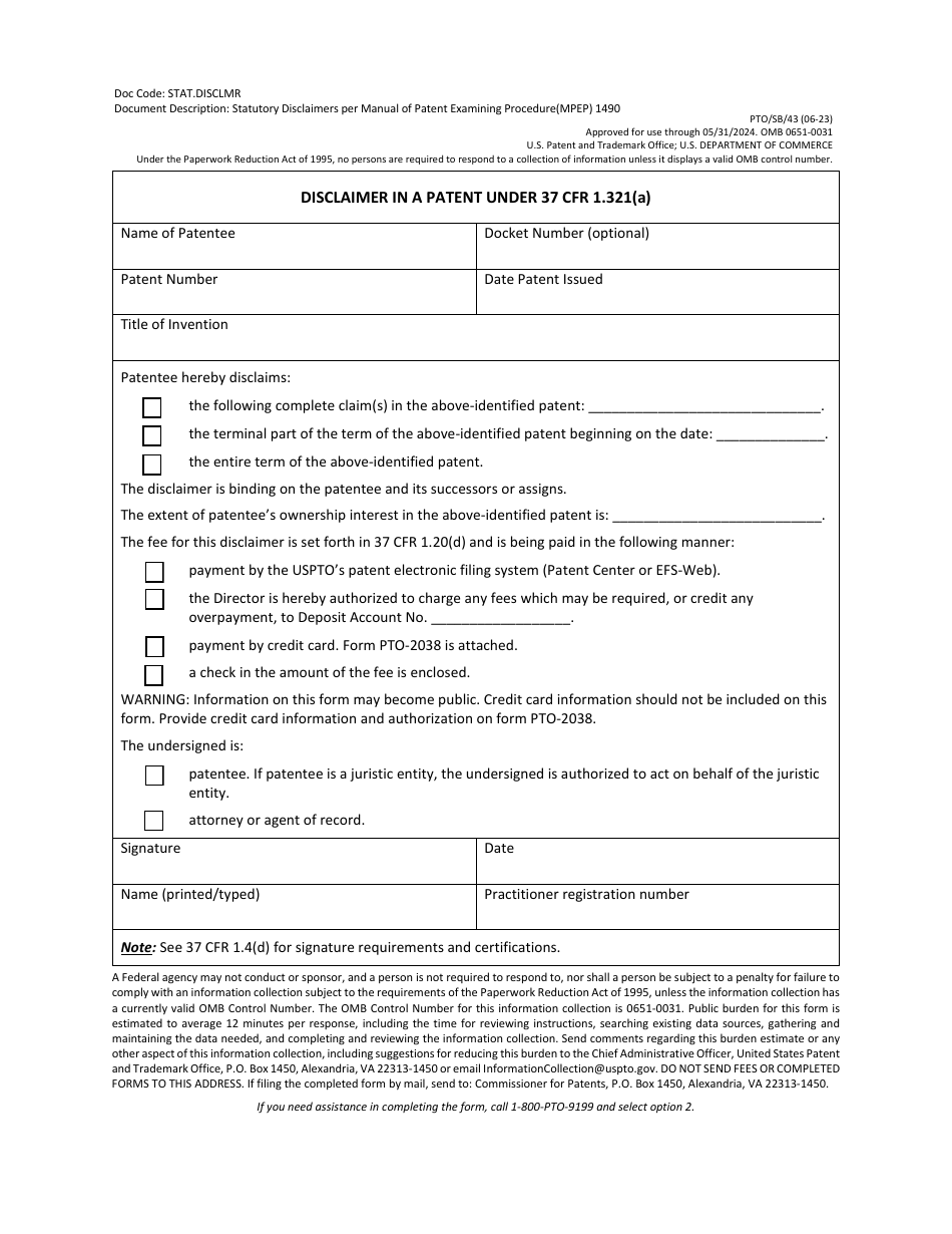 Form PTO/SB/43 - Fill Out, Sign Online and Download Fillable PDF ...