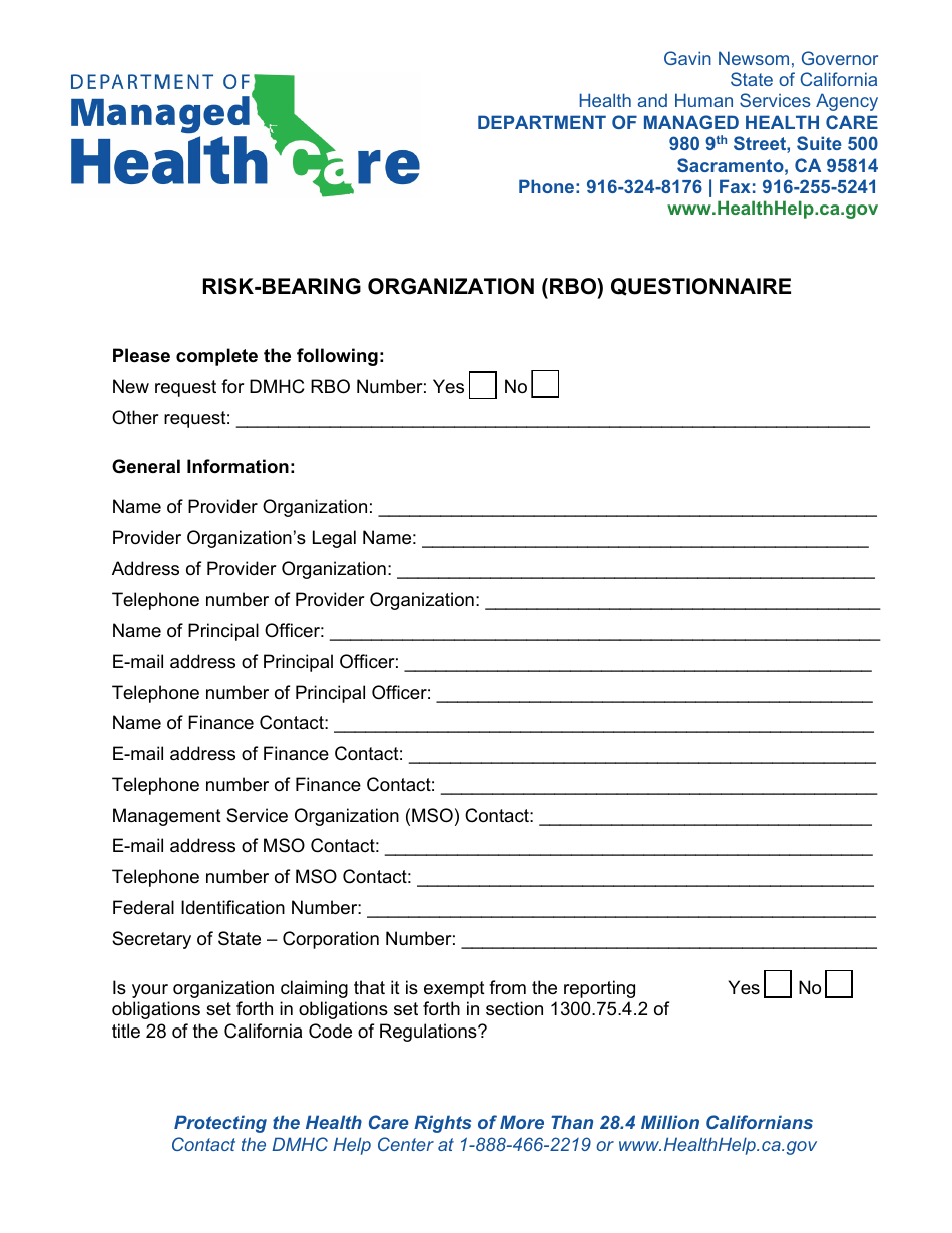 California Risk-Bearing Organization (Rbo) Questionnaire - Fill Out ...