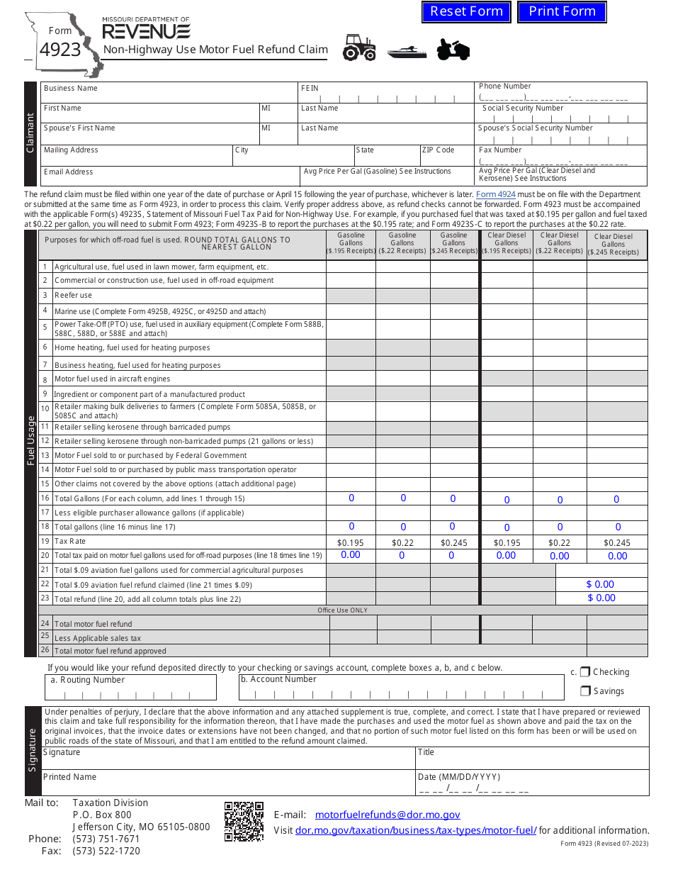 Form 4923 Download Fillable PDF or Fill Online Non-highway Use Motor ...