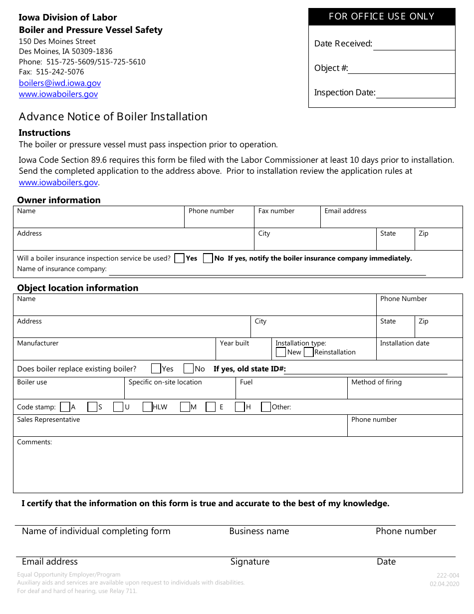Form 222-004 - Fill Out, Sign Online and Download Fillable PDF, Iowa ...