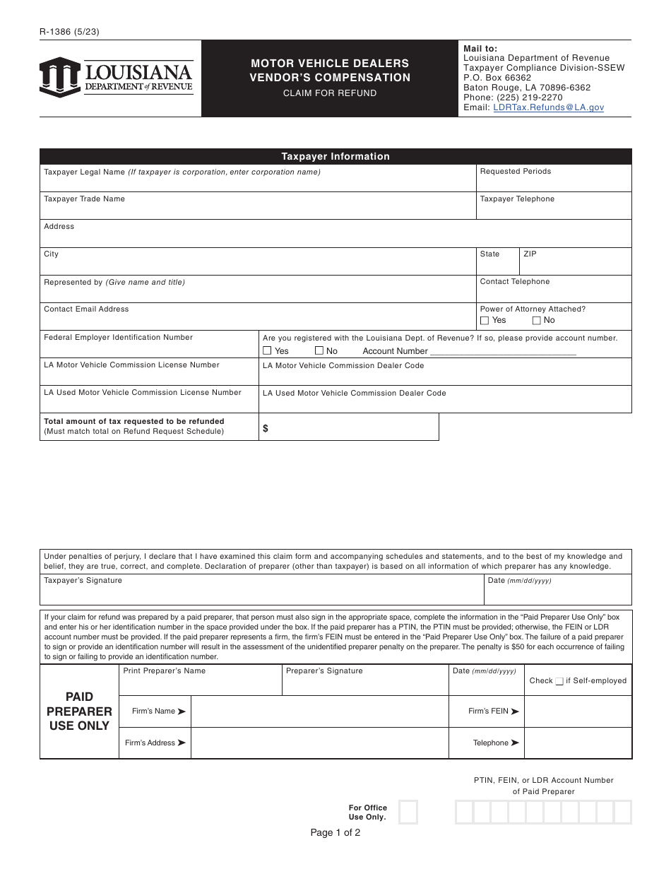 Form R-1386 Download Fillable PDF or Fill Online Motor Vehicle Dealers ...
