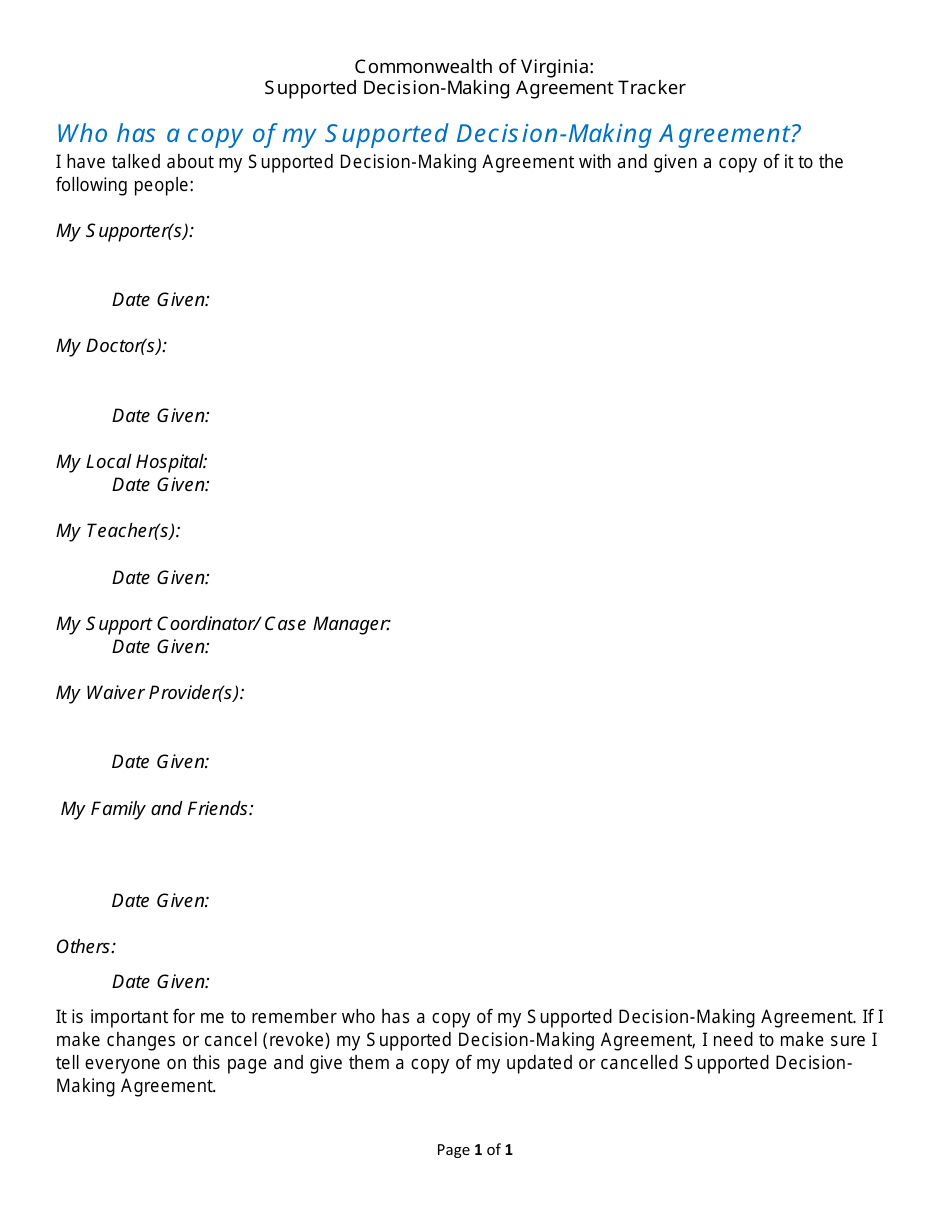 Virginia Supported Decision-Making Agreement Tracker - Fill Out, Sign Online and Download PDF ...