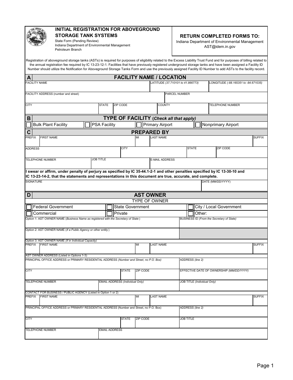 Indiana Initial Registration for Aboveground Storage Tank Systems ...