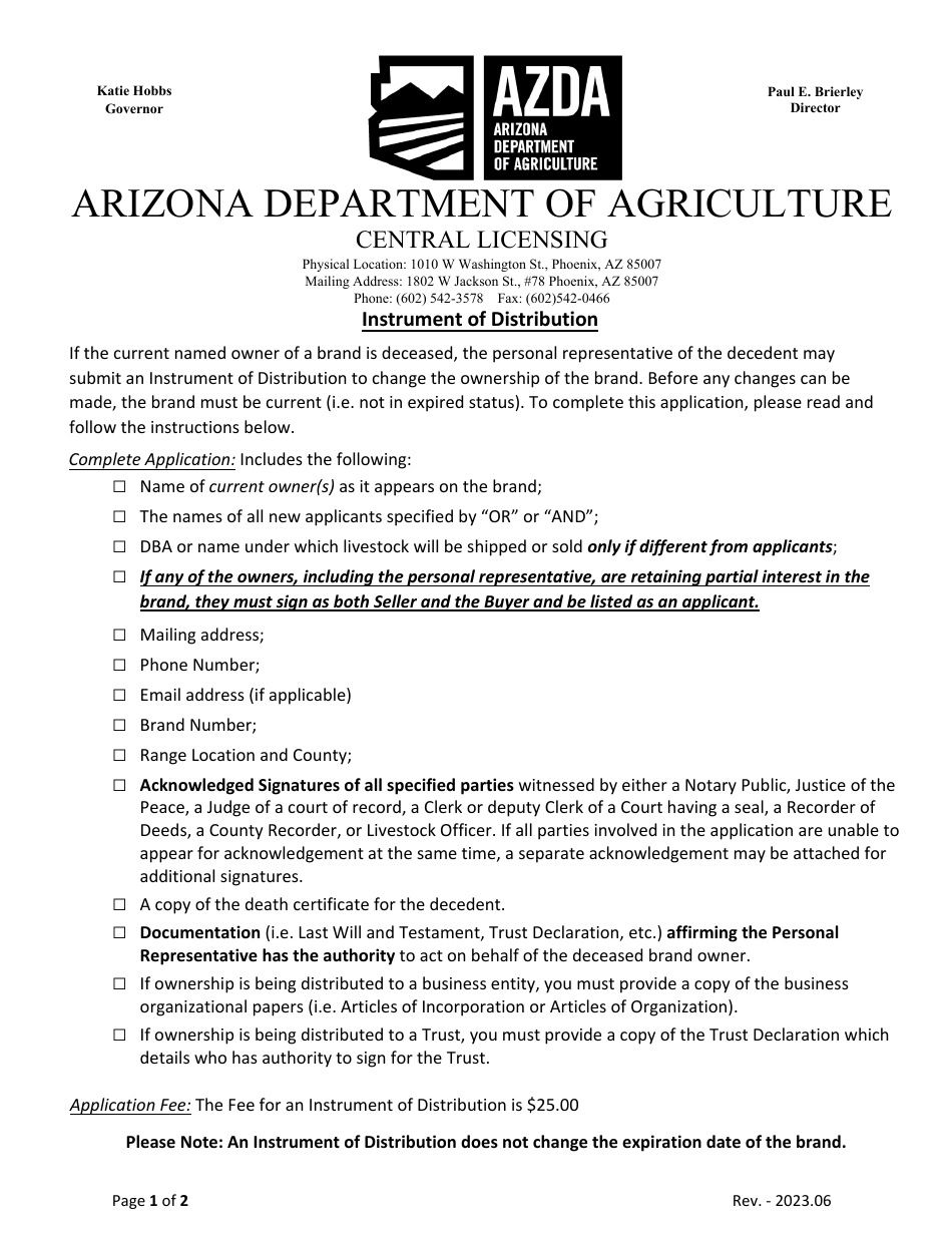 Arizona Instrument of Distribution Download Printable PDF | Templateroller