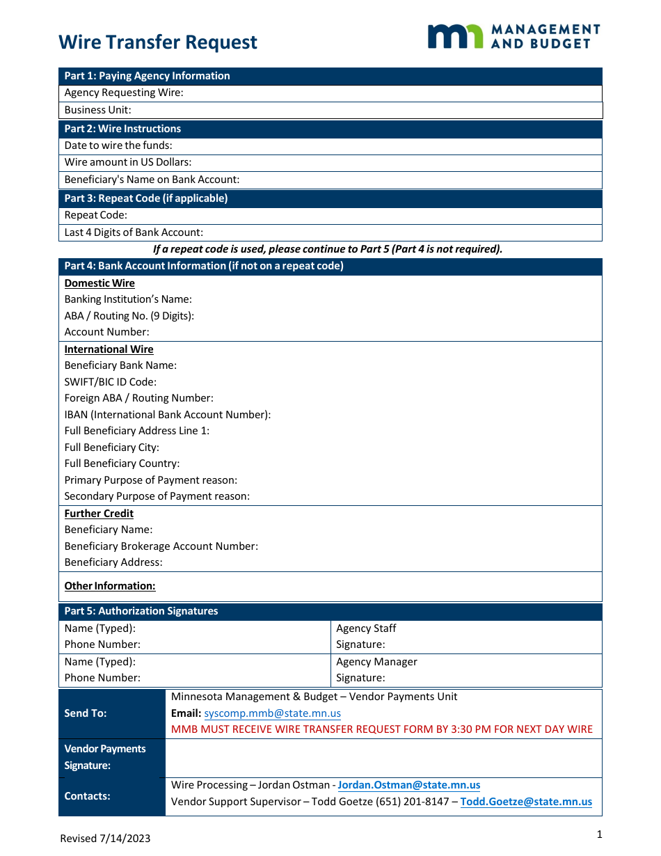 Minnesota Wire Transfer Request - Fill Out, Sign Online and Download PDF | Templateroller