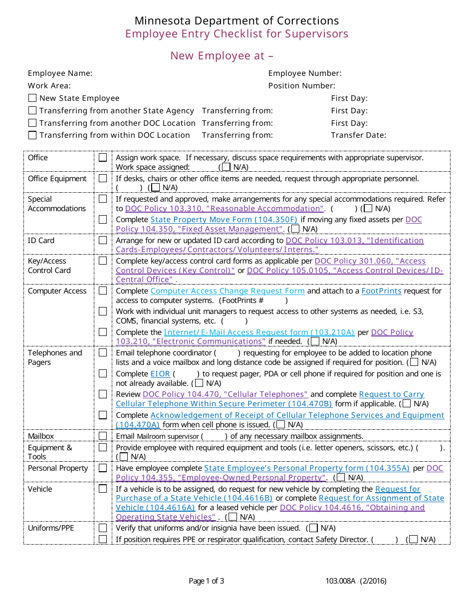 Minnesota Employee Entry Checklist for Supervisors - Fill Out, Sign ...