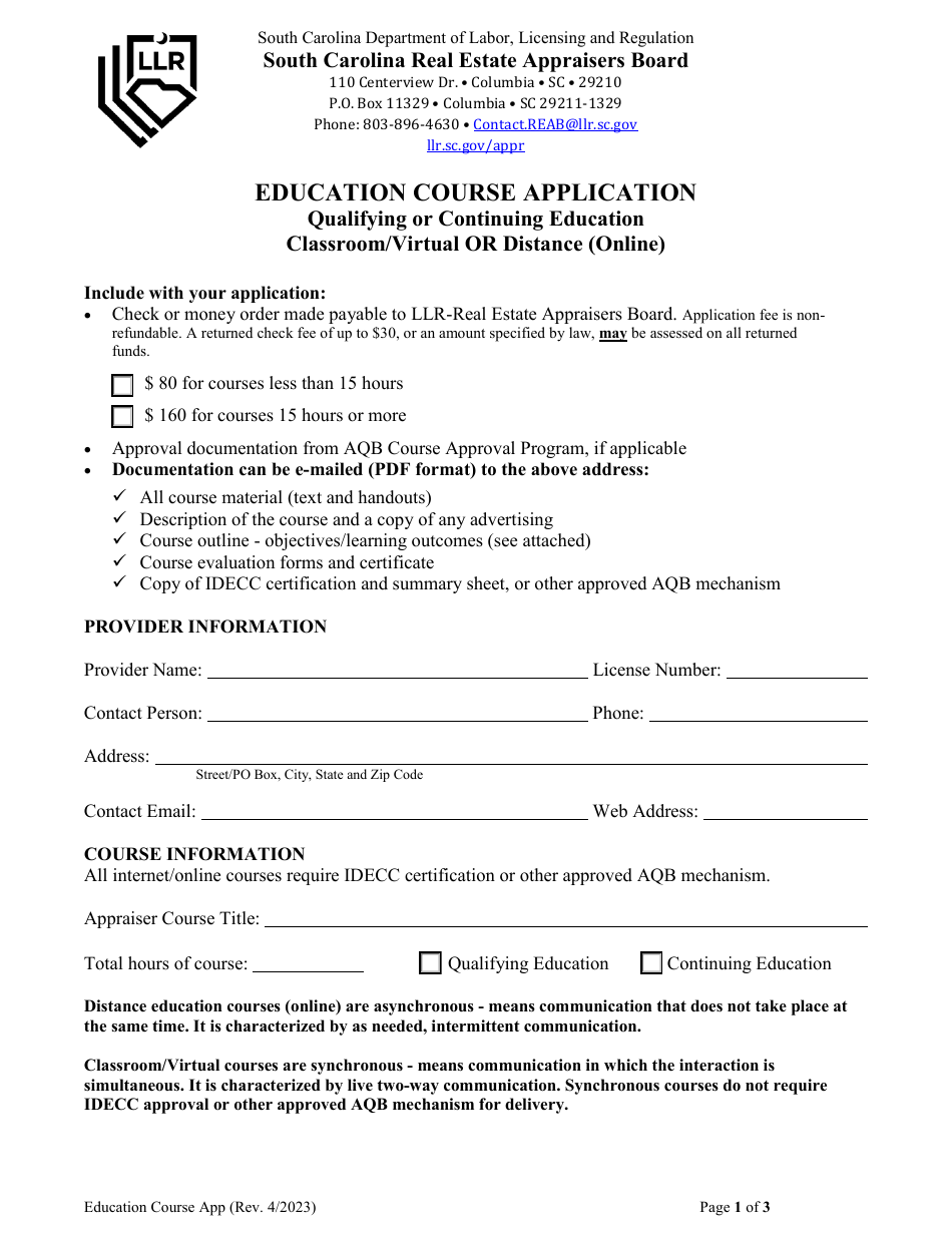 South Carolina Education Course Application - Qualifying or Continuing Education Classroom ...