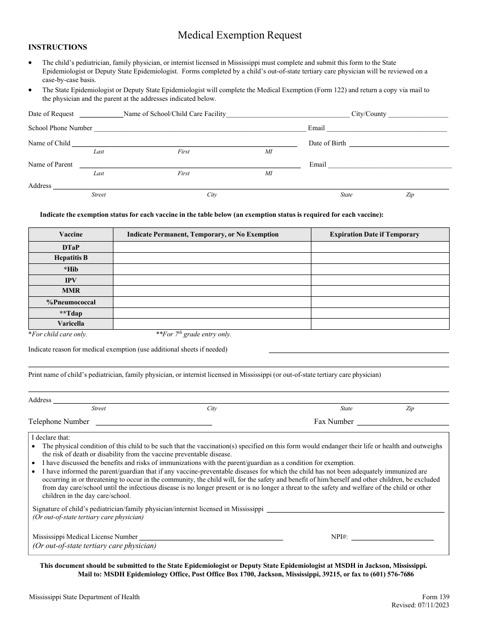 Form 139 Download Fillable PDF or Fill Online Medical Exemption Request ...
